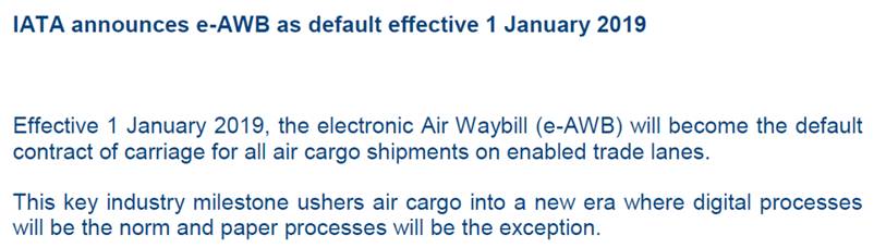 IATA anuncia e-AWB 1 de Janeiro de 2019 - Transporter Systems Blog